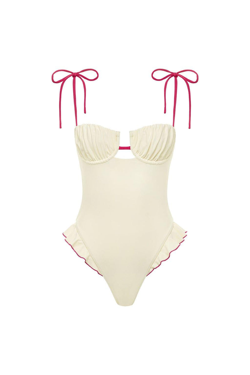 Cream Raspberry Binded Petal Ruffle One-Piece